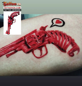 Red skeleton Gun Tattoo Design - 350 Professional Tattoo Designs Online
