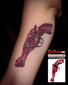 Red skeleton Gun Tattoo Design - 350 Professional Tattoo Designs Online
