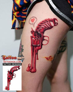 Red skeleton Gun Tattoo Design - 350 Professional Tattoo Designs Online