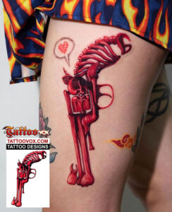Red skeleton Gun Tattoo Design - 350 Professional Tattoo Designs Online