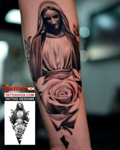 Virgin Mary with Rose Tattoo Design - 350 Professional Tattoo Designs ...