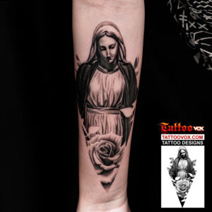 Virgin Mary with Rose Tattoo Design - 350 Professional Tattoo Designs ...